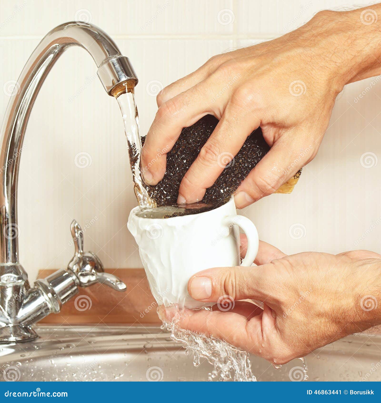 Hands with Sponge Wash the Cup Under Running Water in Kitchen Stock ...