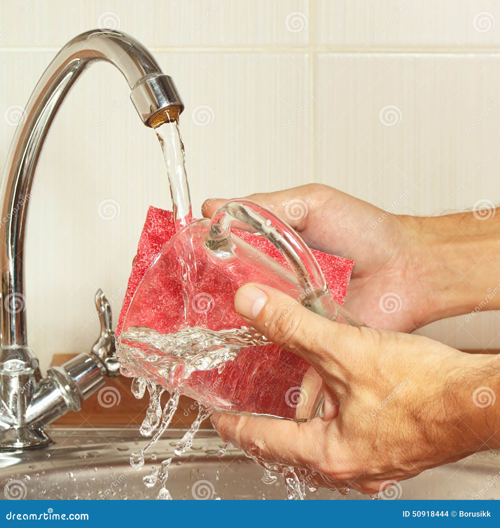 Hands with Sponge Wash the Dirty Glass Under Running Water in Kitchen ...