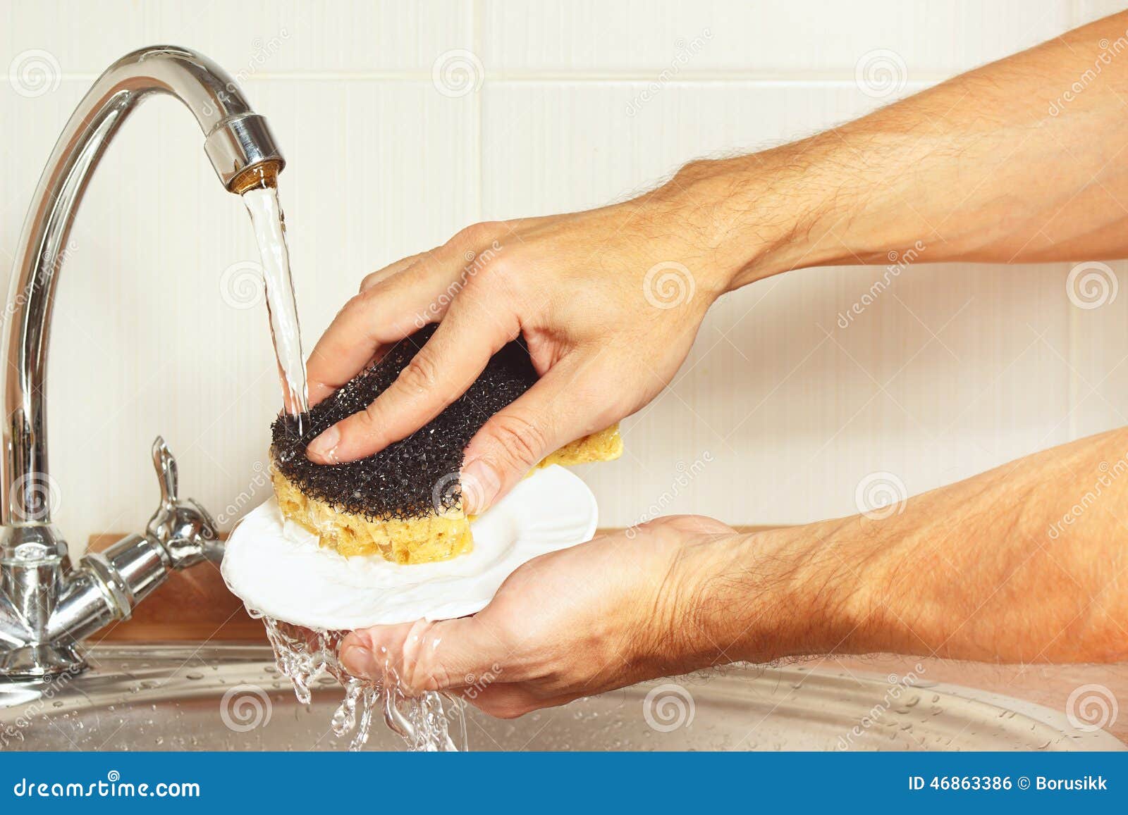 Hands with Sponge Wash the Dirty Plate Under Running Water in Kitchen ...