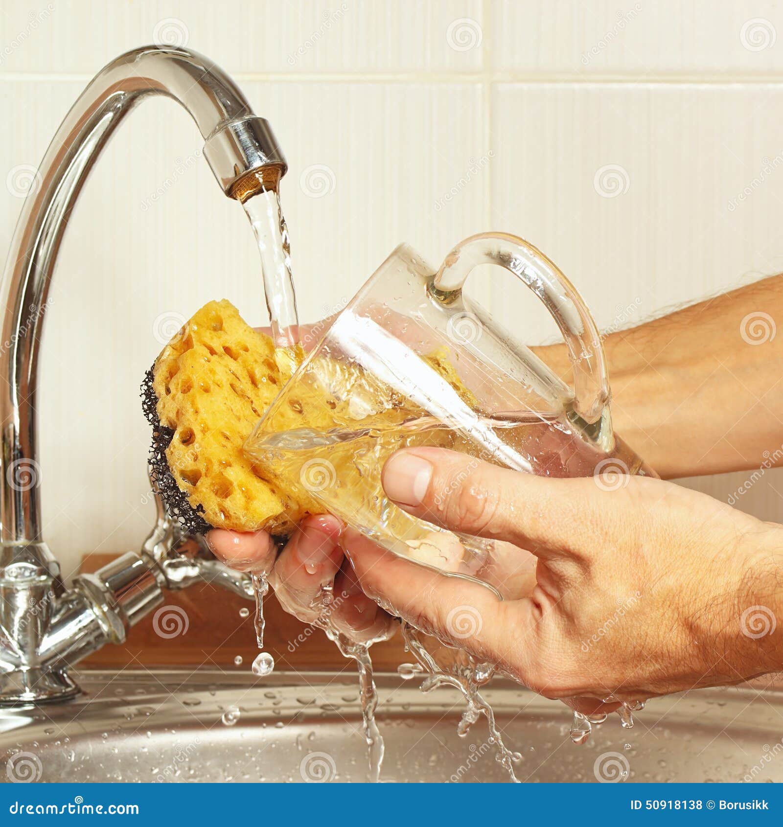 Hands with Sponge Wash the Glass Under Running Water in Kitchen Stock ...