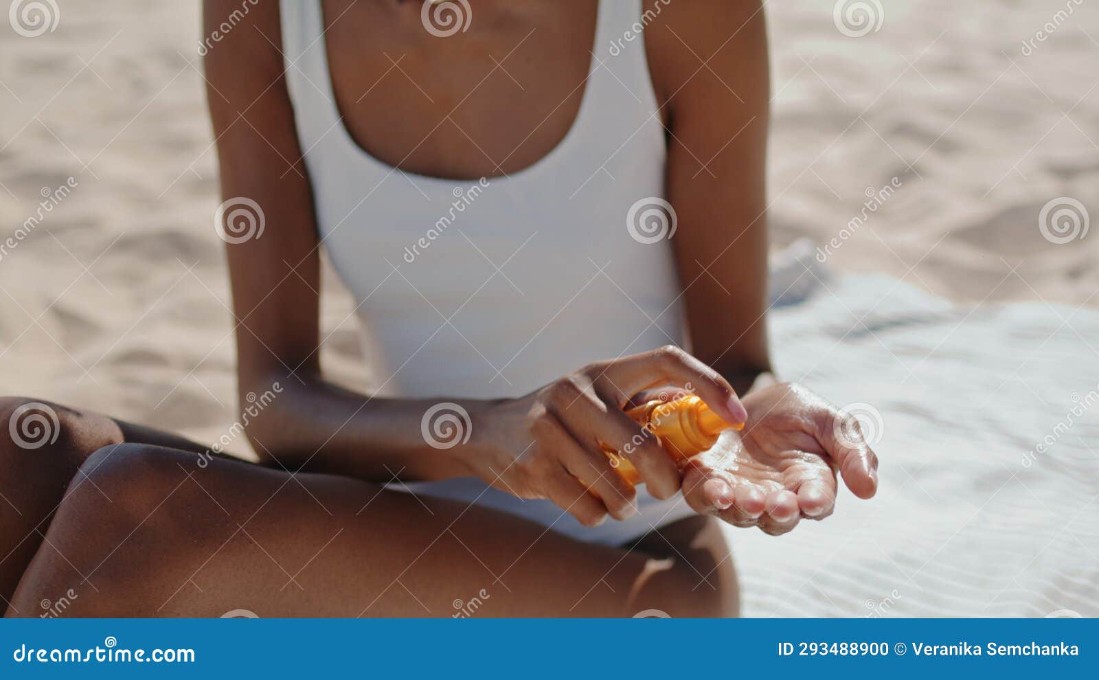 Hands Spray Sun Protection Oil Closeup Attractive Girl Sunbathing At