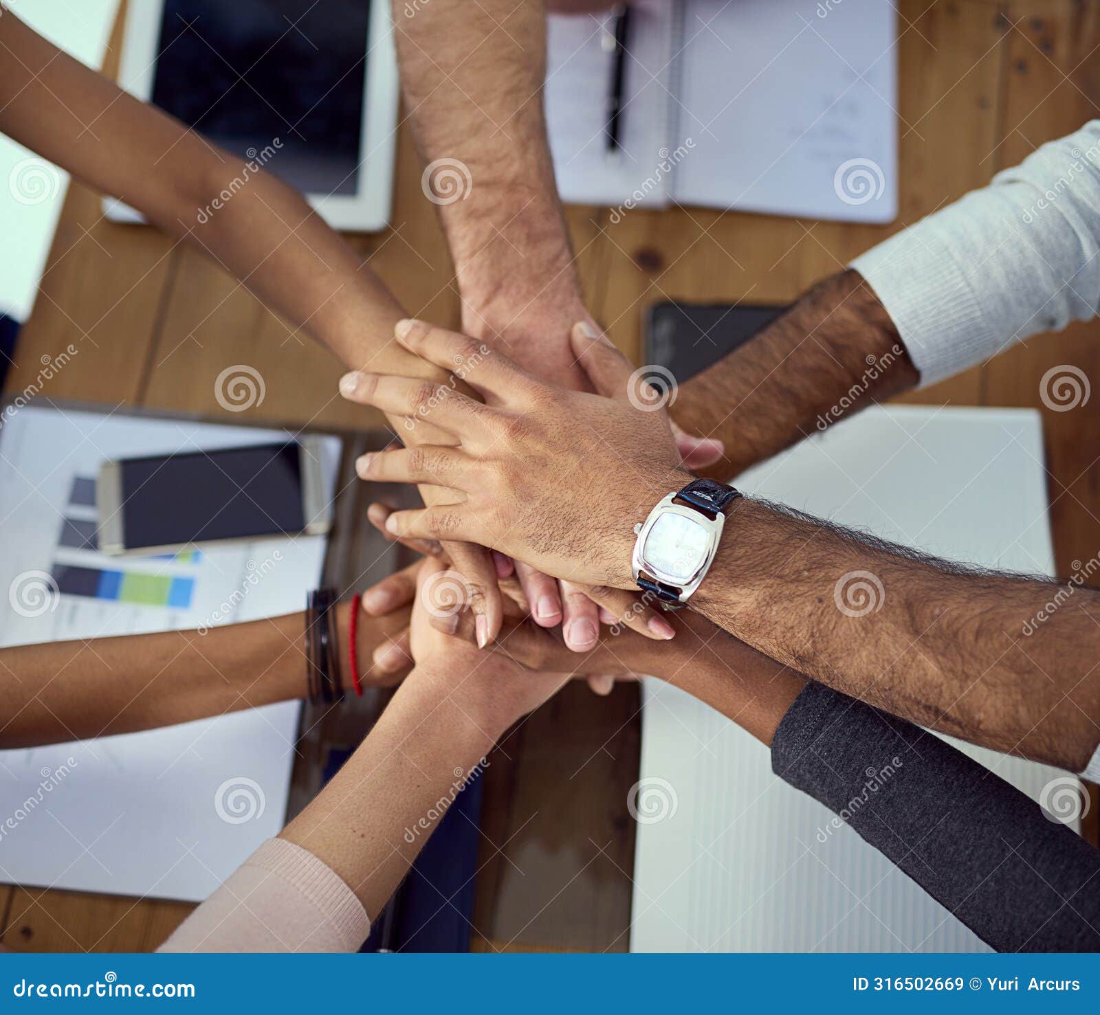 Hands Stack, Group and Collaboration at Desk with Documents, Diversity ...