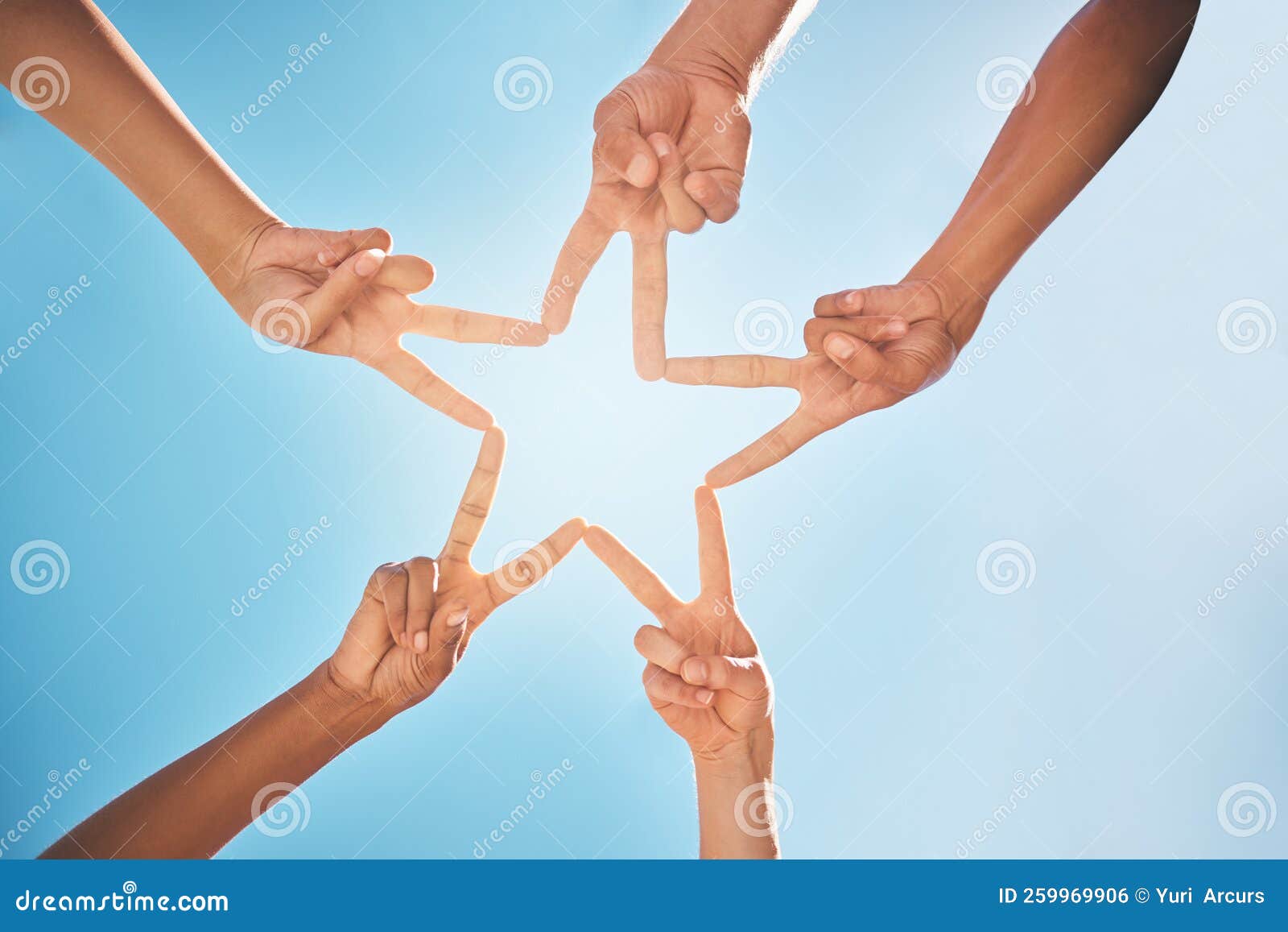 Hands, Star and Teamwork with Friends in a Huddle on a Clear Blue Sky ...