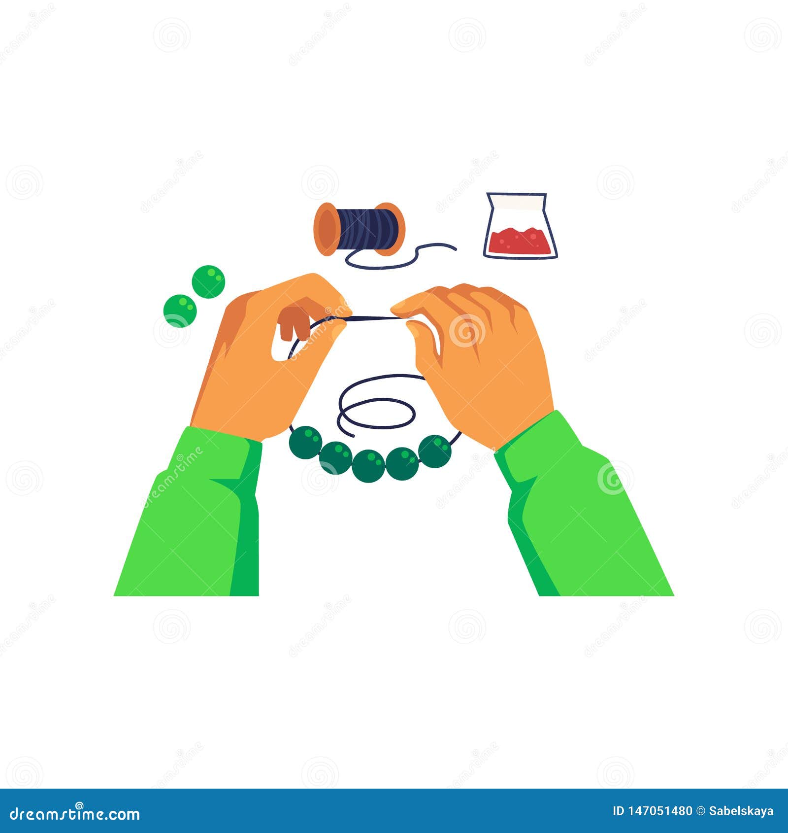 Hands String a Bead on Thread and Making Jewelry Cartoon Style Stock ...