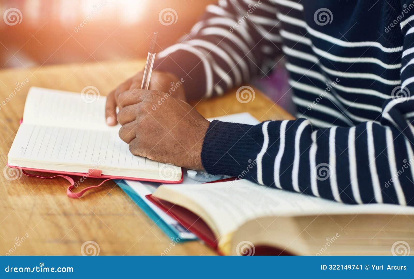 Hands, Student and Writing with Notebook in Library for Education ...