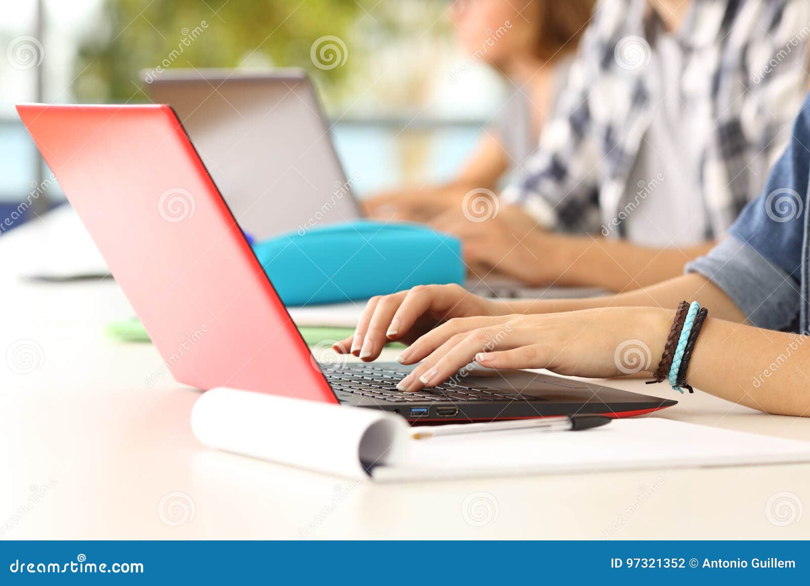 Hands of Students Learning on Line in a Classroom Stock Photo - Image ...