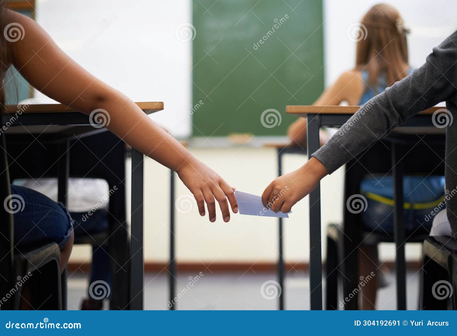 Hands, Students or Passing Note for Test in Classroom, Communication or ...