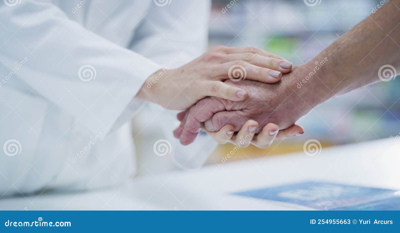 Hands, Support and Help with a Pharmacist and a Man, Customer or ...