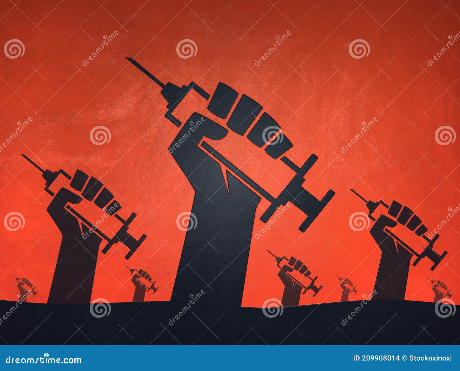 Hands with Syringes Vaccinations Red Revolution Background Stock ...