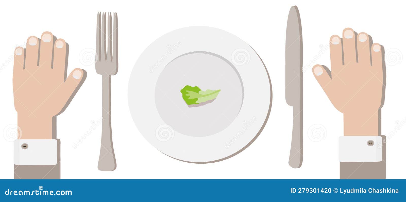 Hands on the Table Around a Plate with a Tiny Leaf of Lettuce Stock ...