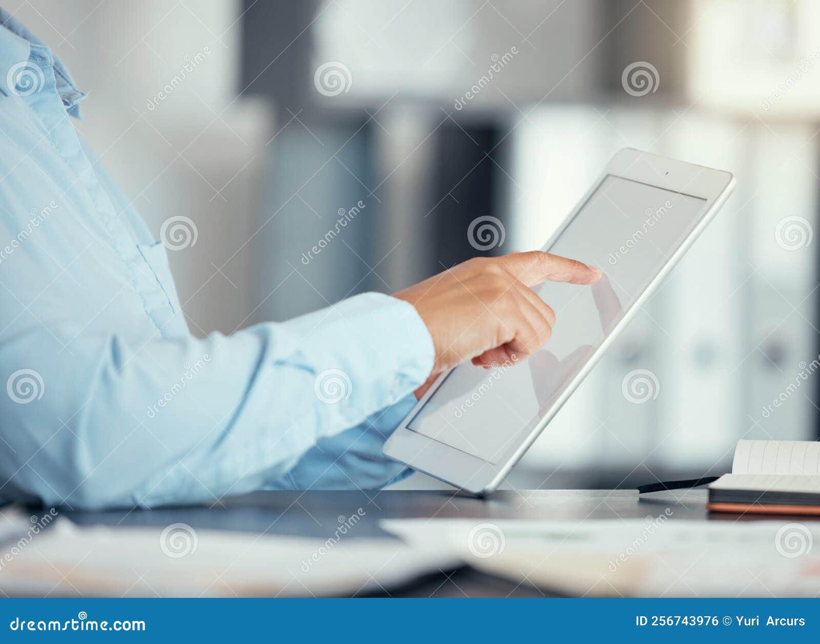 Hands, Tablet and Research with a Business Man Working on Technology in ...