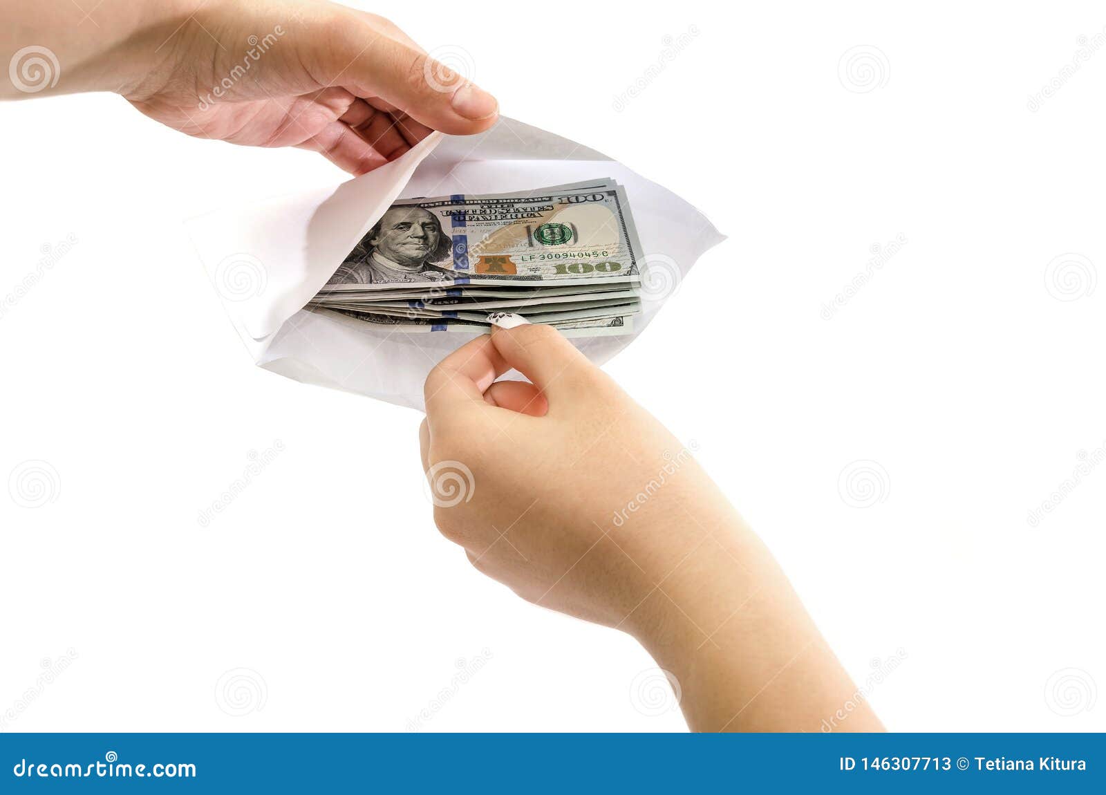 Hands Take Dollars from a White Envelope Isolated on a White Background ...