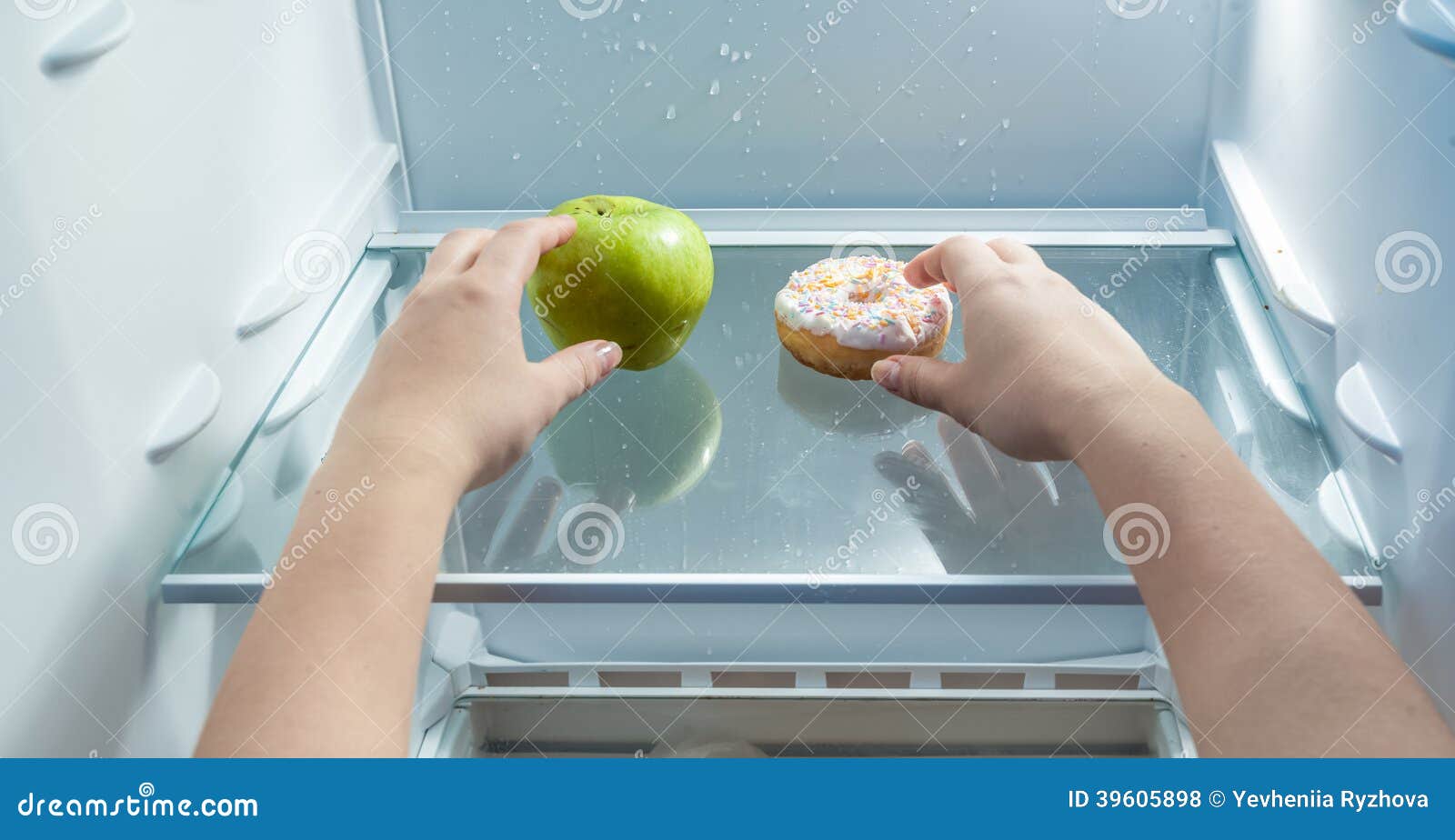 Hands Taking Green Apple and Donut from Fridge Stock Photo - Image of ...