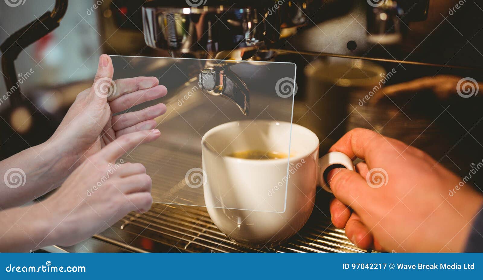 Hands Taking Picture of Coffee with Transparent Device in Coffee Shop ...
