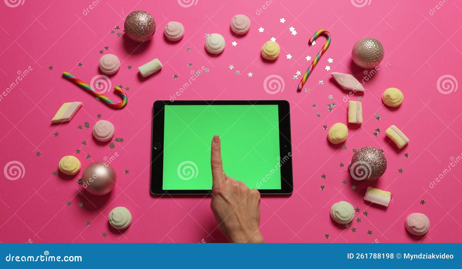 Hands Tapping Pages on Tablet with Green Screen. Chroma Key. Horizontal ...