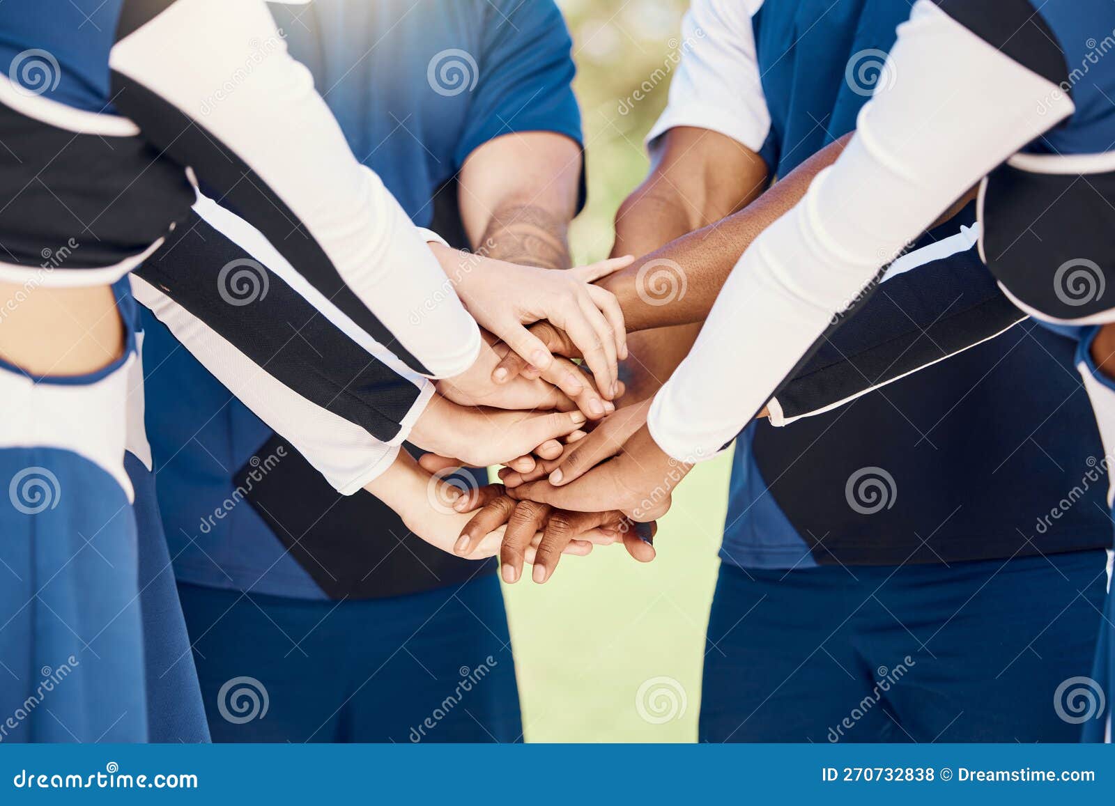 Hands, Teamwork and Motivation with Cheerleaders in a Huddle for ...