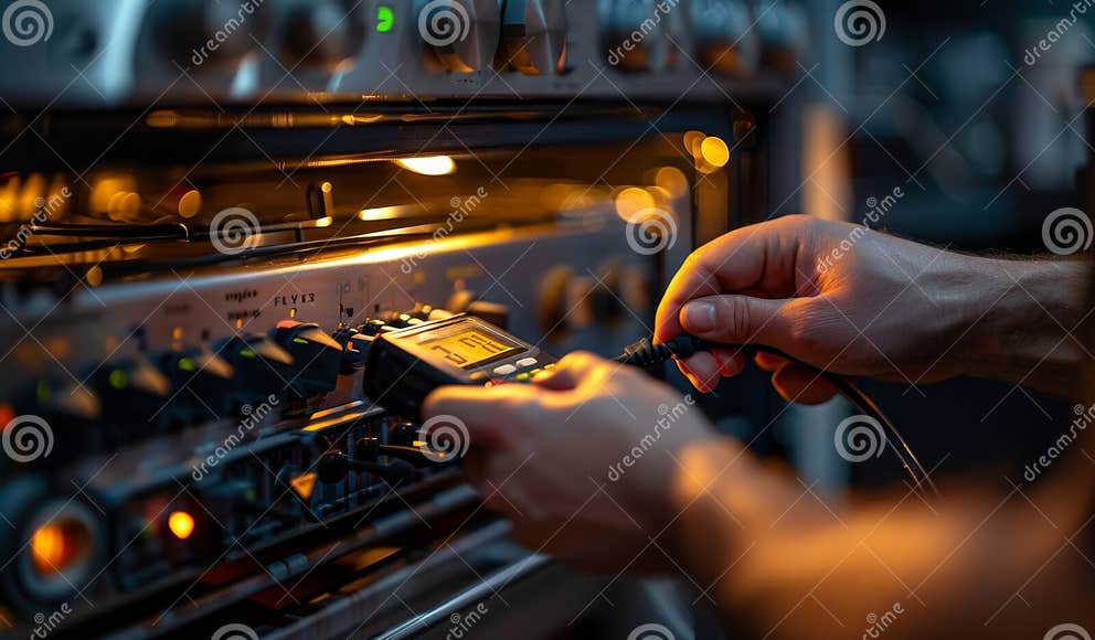 Hands Testing Electronic Components with a Multimeter in a Workshop ...