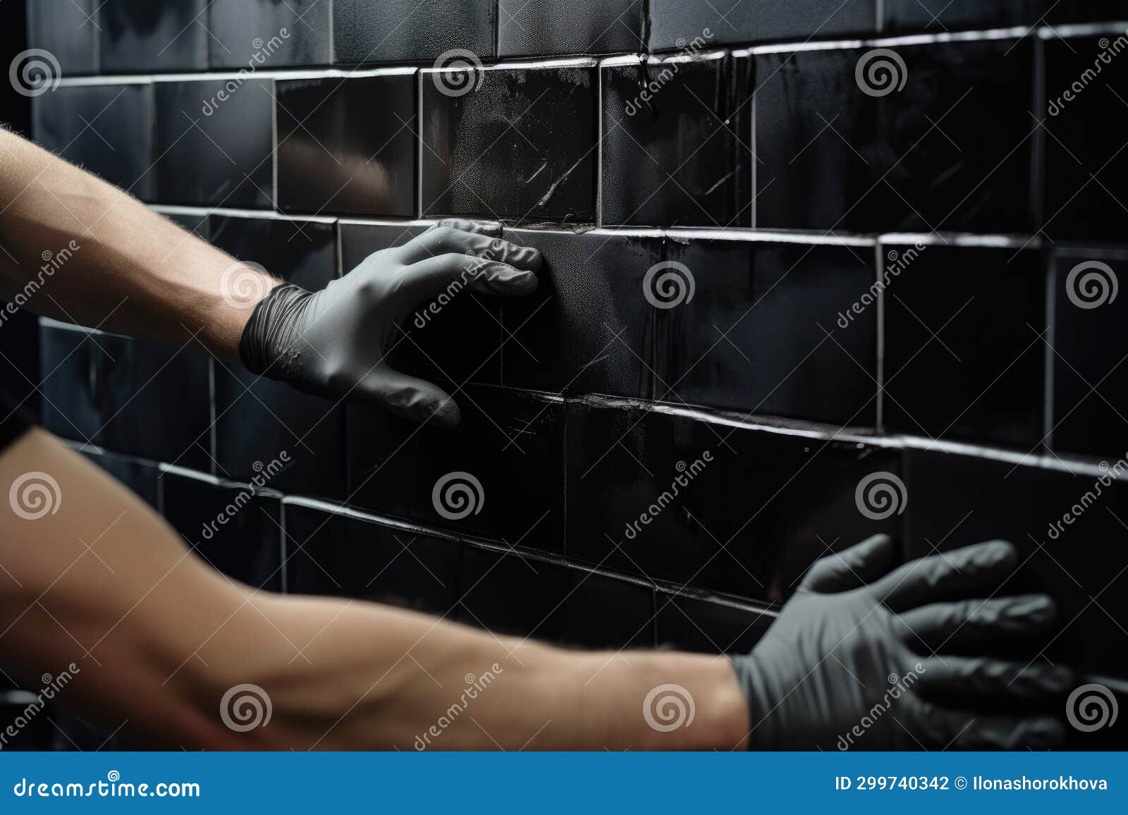 Hands of the Tiler are Laying Black Ceramic Tile on the Wall. Ai ...