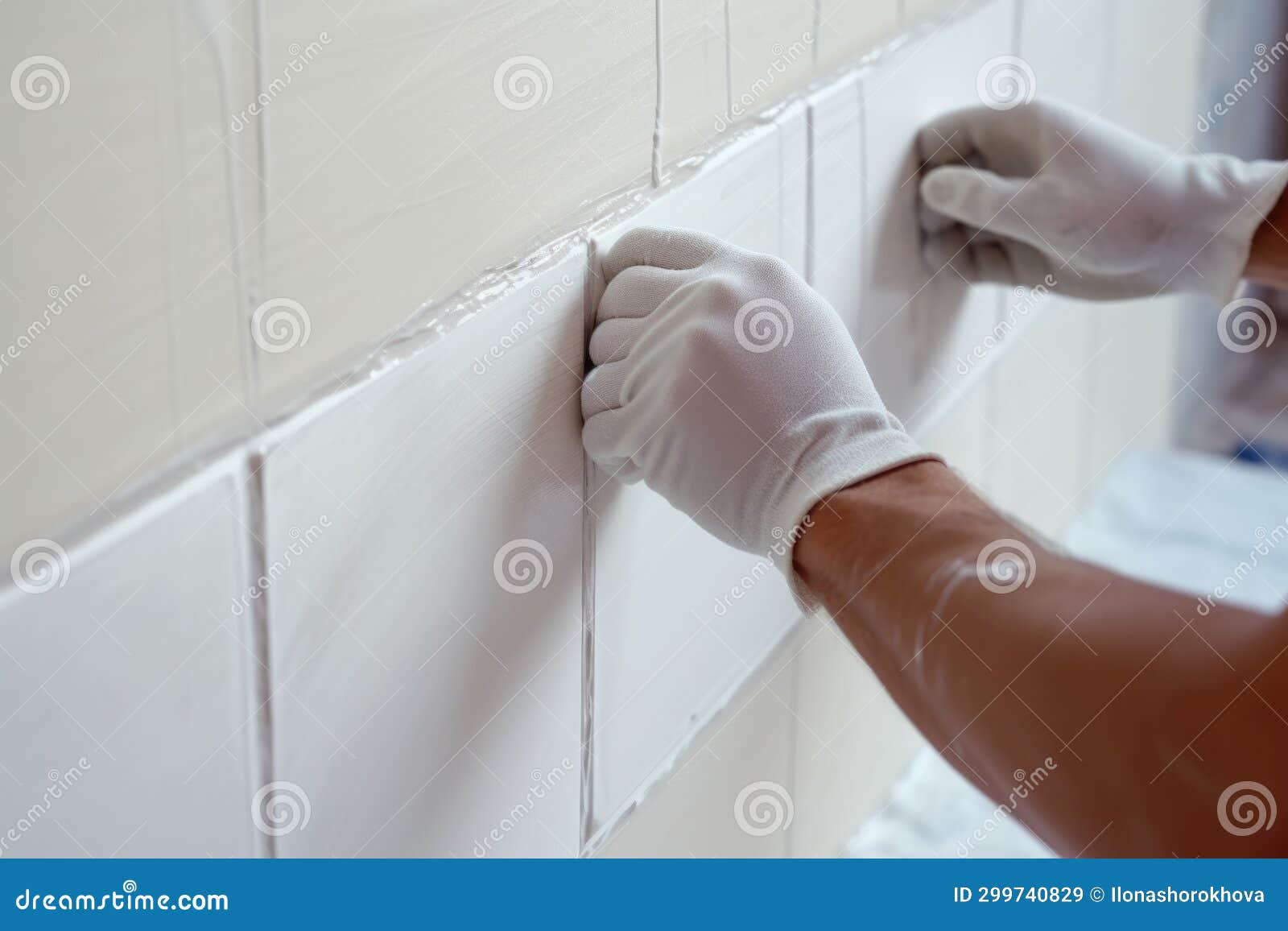 Hands of the Tiler are Laying White Ceramic Tile on the Wall. Ai ...