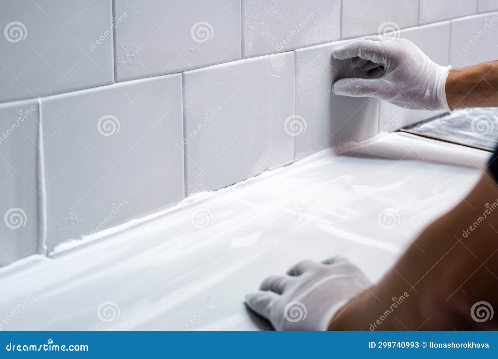 Tiler Laying Ceramic Tiles In Modern Bathroom. Handyman Doing ...