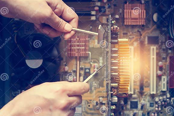 Hands with Tools for Repair Computer Stock Image - Image of mainboard ...