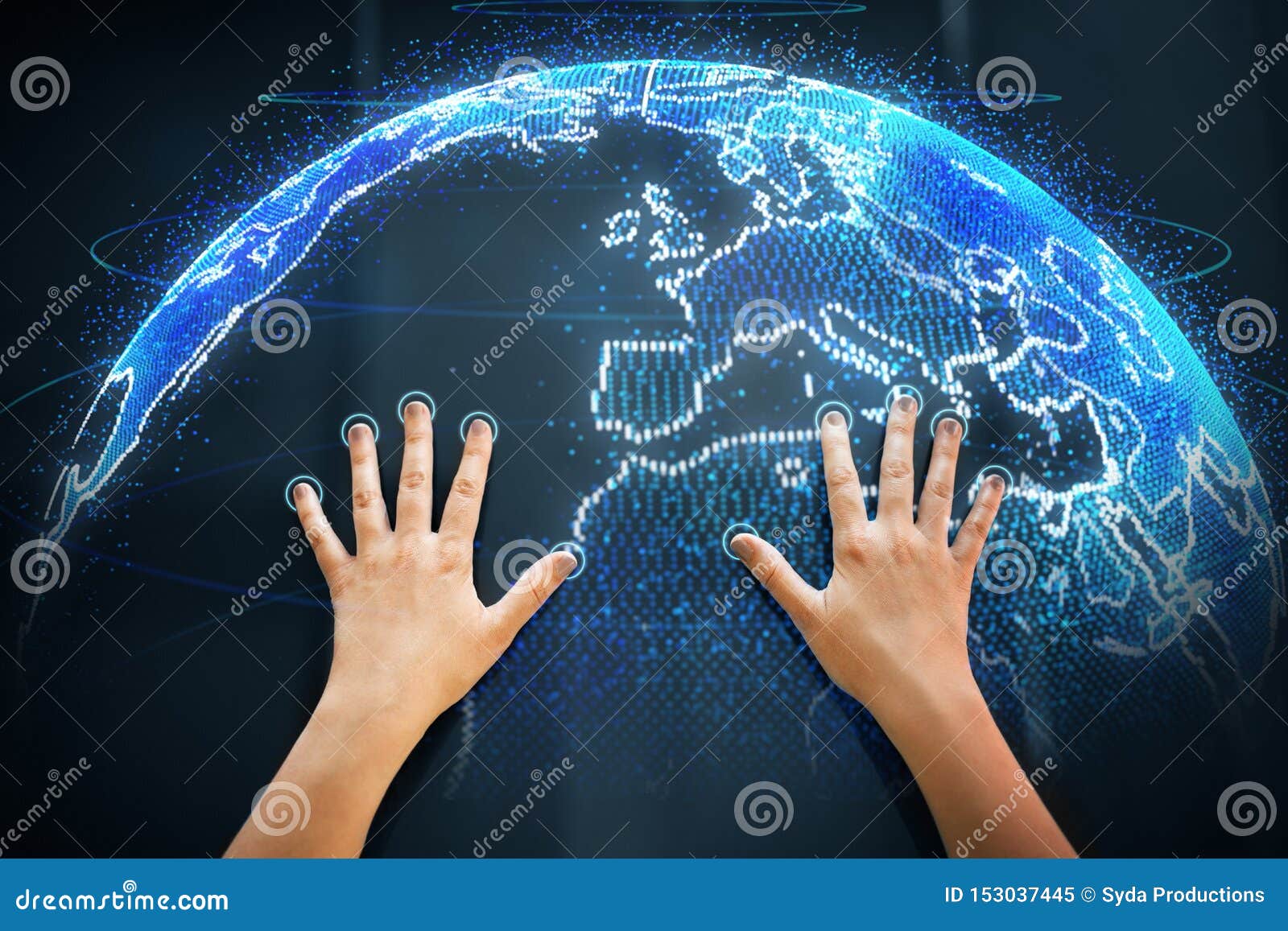 Hands on Touch Screen with Earth Hologram Stock Image - Image of ...