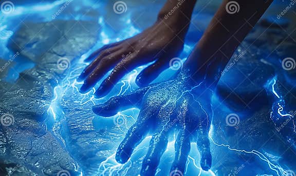 Hands Touching Blue Electric Current Stock Image - Image of vibrant ...