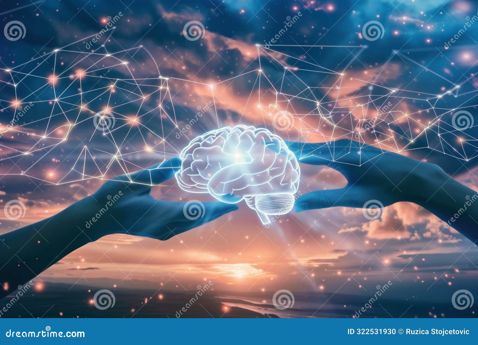 Hands Touching Brain with Network Connections Ai Illustration Stock ...