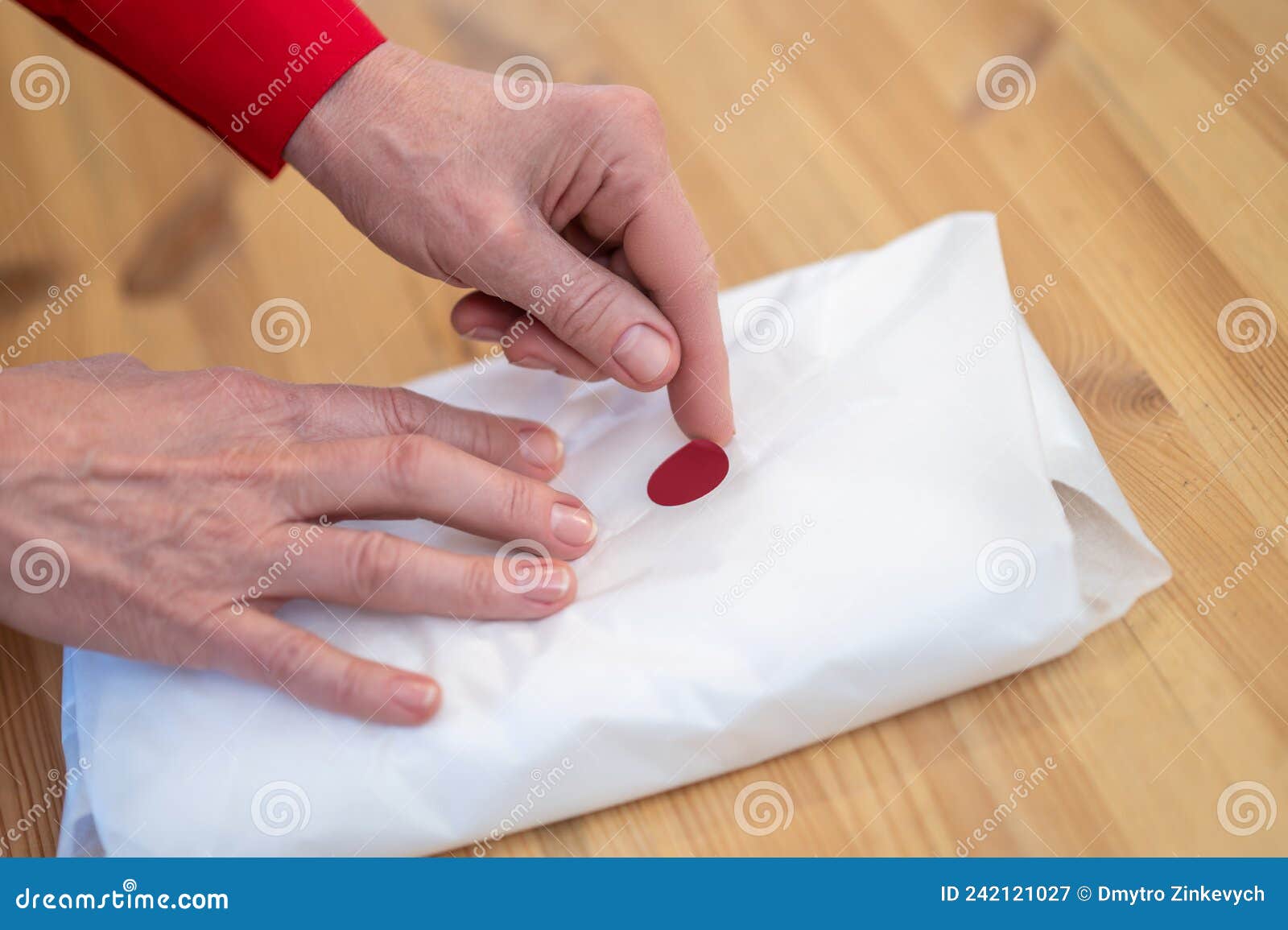 Hands Touching Closing Package with Sticker Stock Image - Image of ...