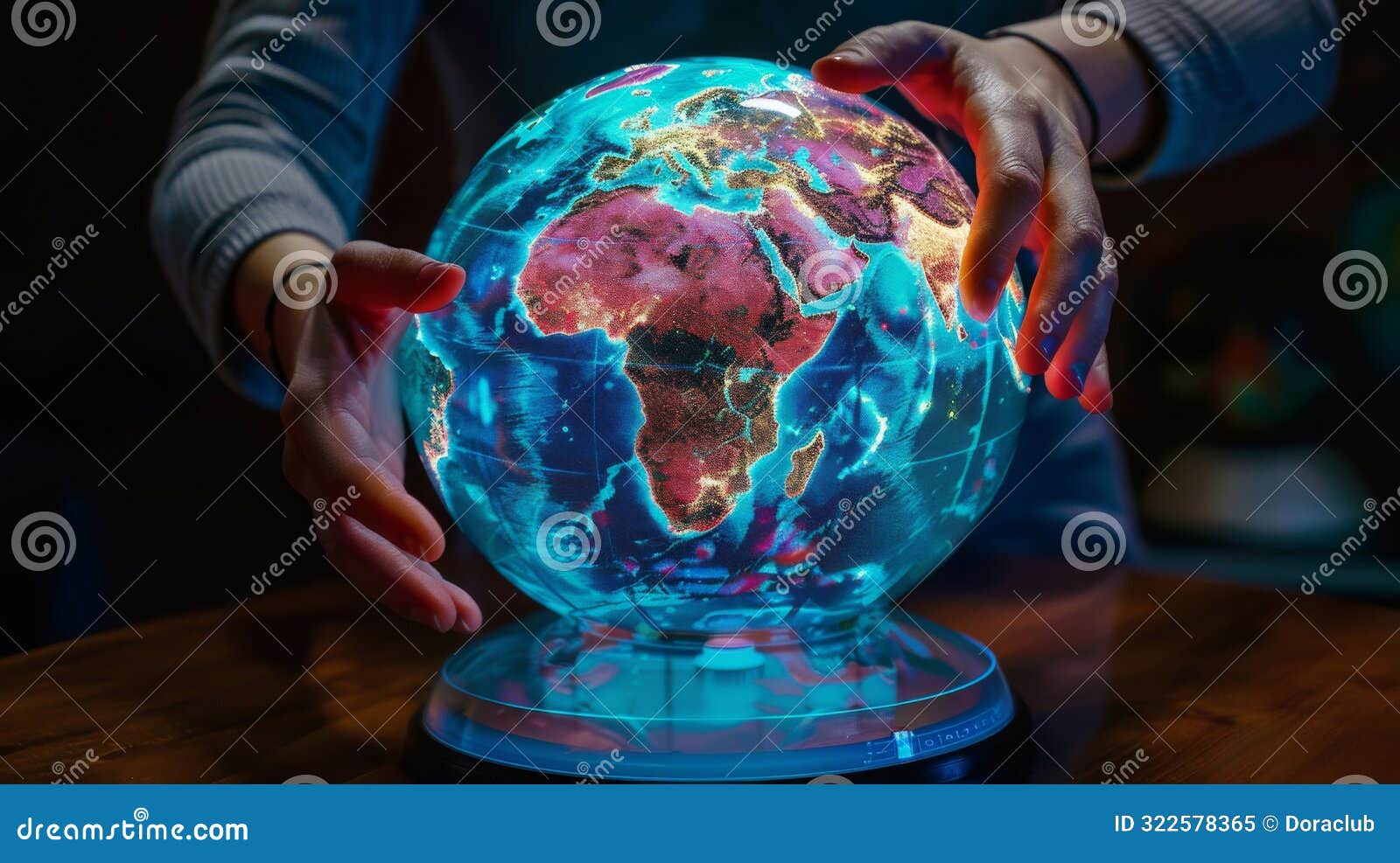 Hands Touching a Holographic Globe Projection, Symbolizing Connectivity ...
