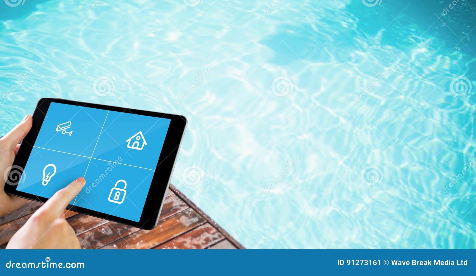 Hands Touching Icons on Digital Tablet S Screen by Swimming Pool Stock ...