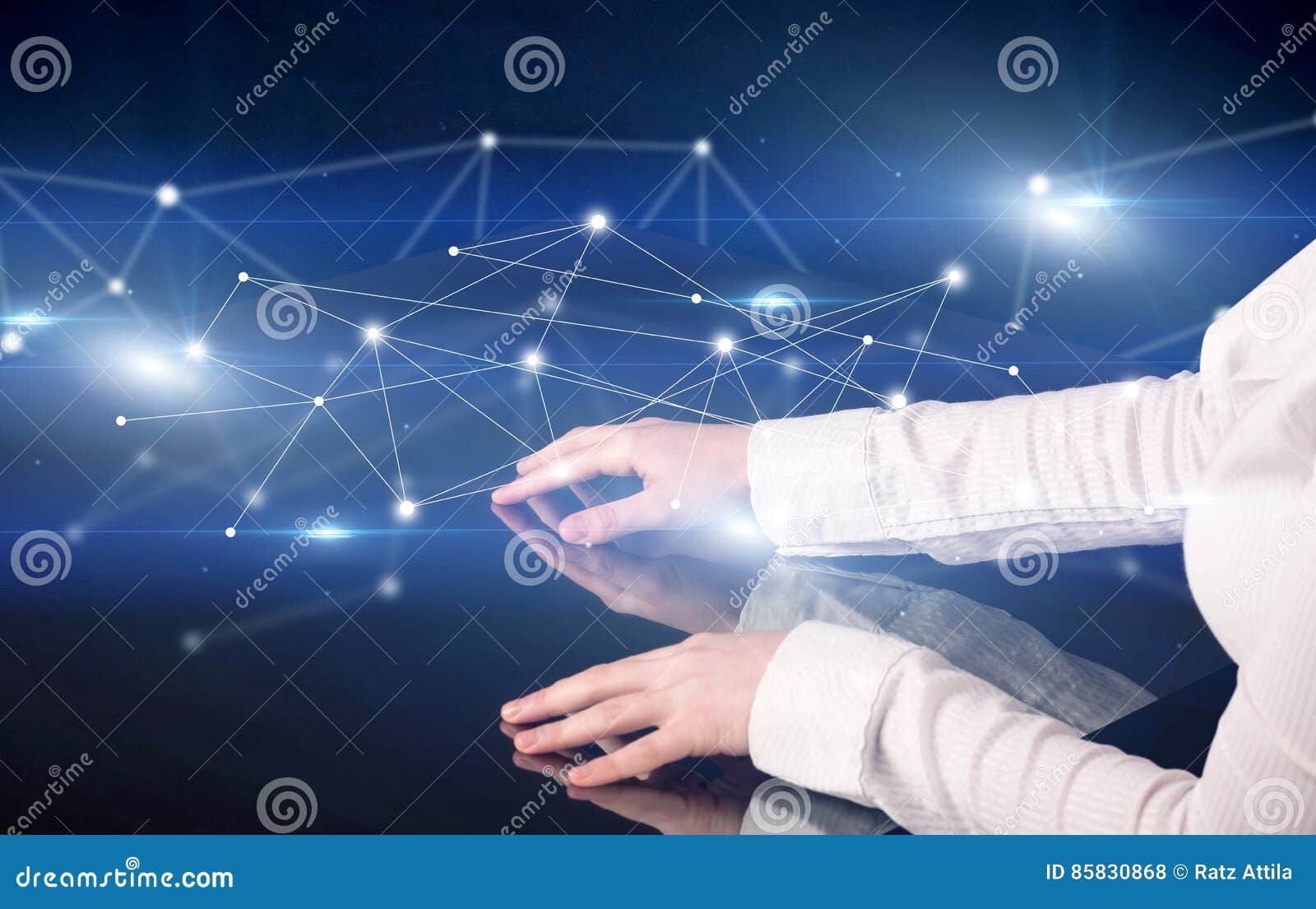 Hands Touching Interactive Table Stock Photo - Image of hand, blue ...