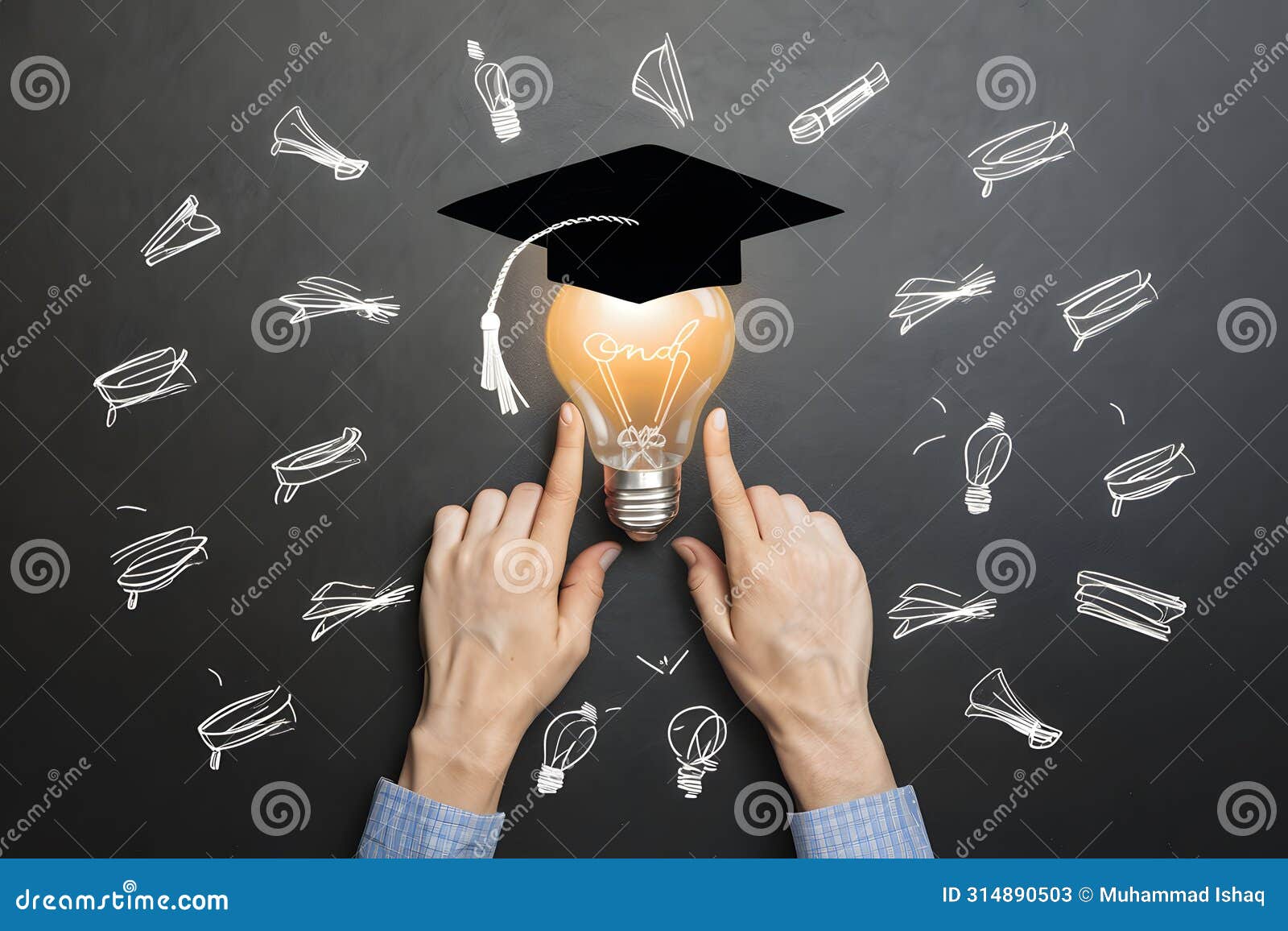 Hands Touching Light Bulb with Graduation Hat, Symbolizing Education ...
