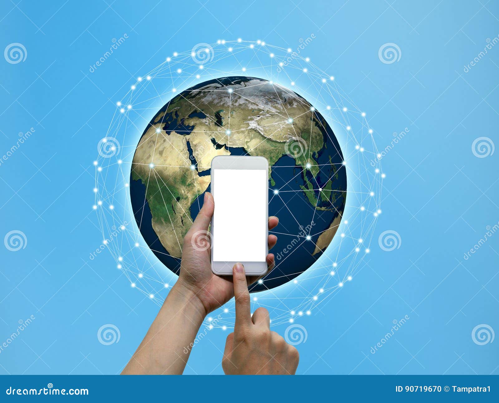 Hands Touching Smartphone with Internet Connected Lines and Glob Stock ...
