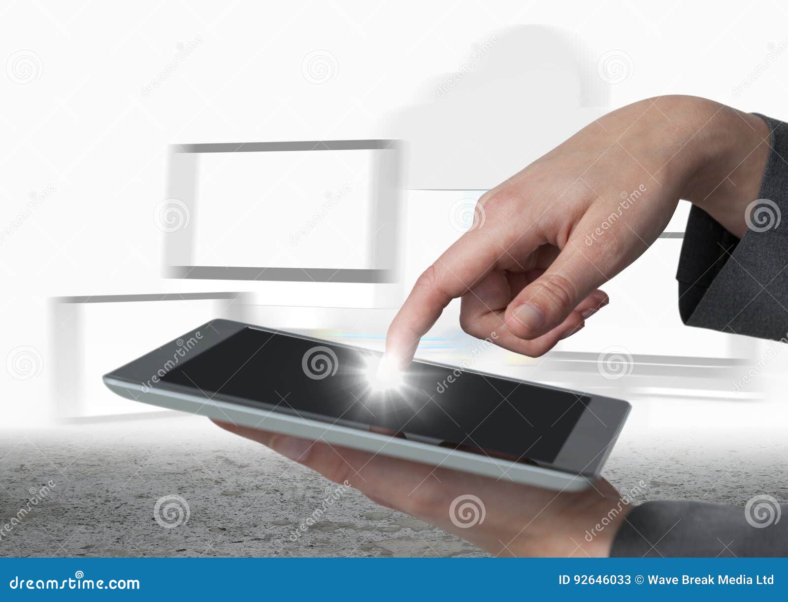 Hands Touching Tablet with Flare Against Blurry Screens Stock Image ...