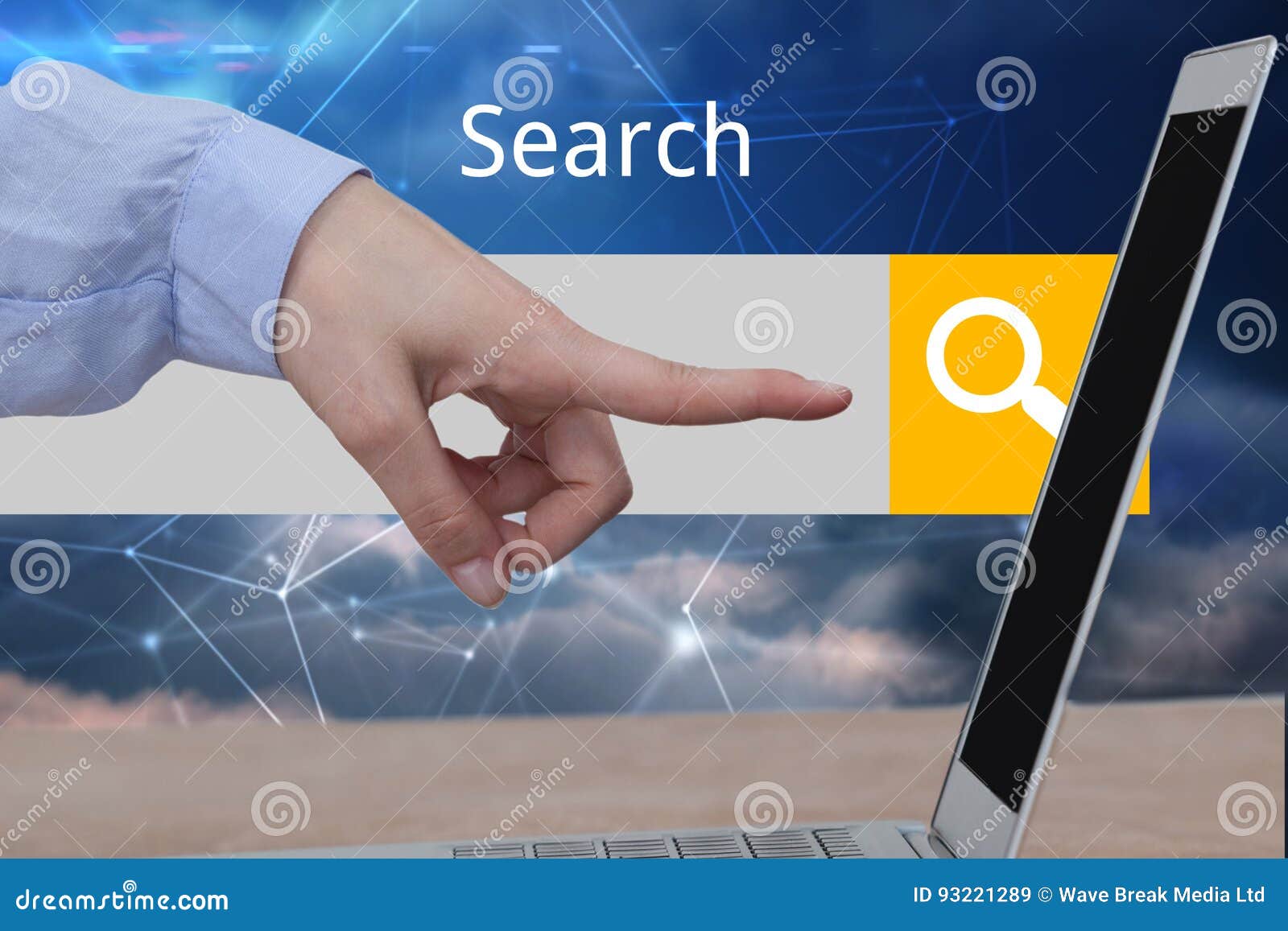 Hands Touching a Tablet in Front of Digital Search Bar Background Stock ...