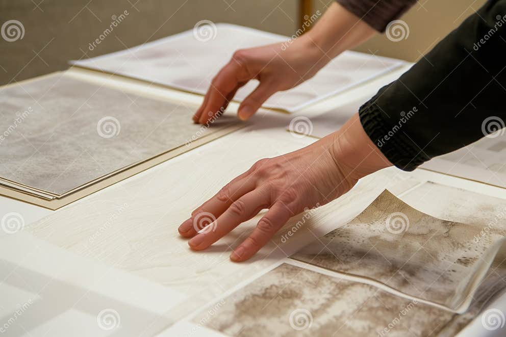 Hands Touching Textured Papers on a Display Table Stock Illustration ...
