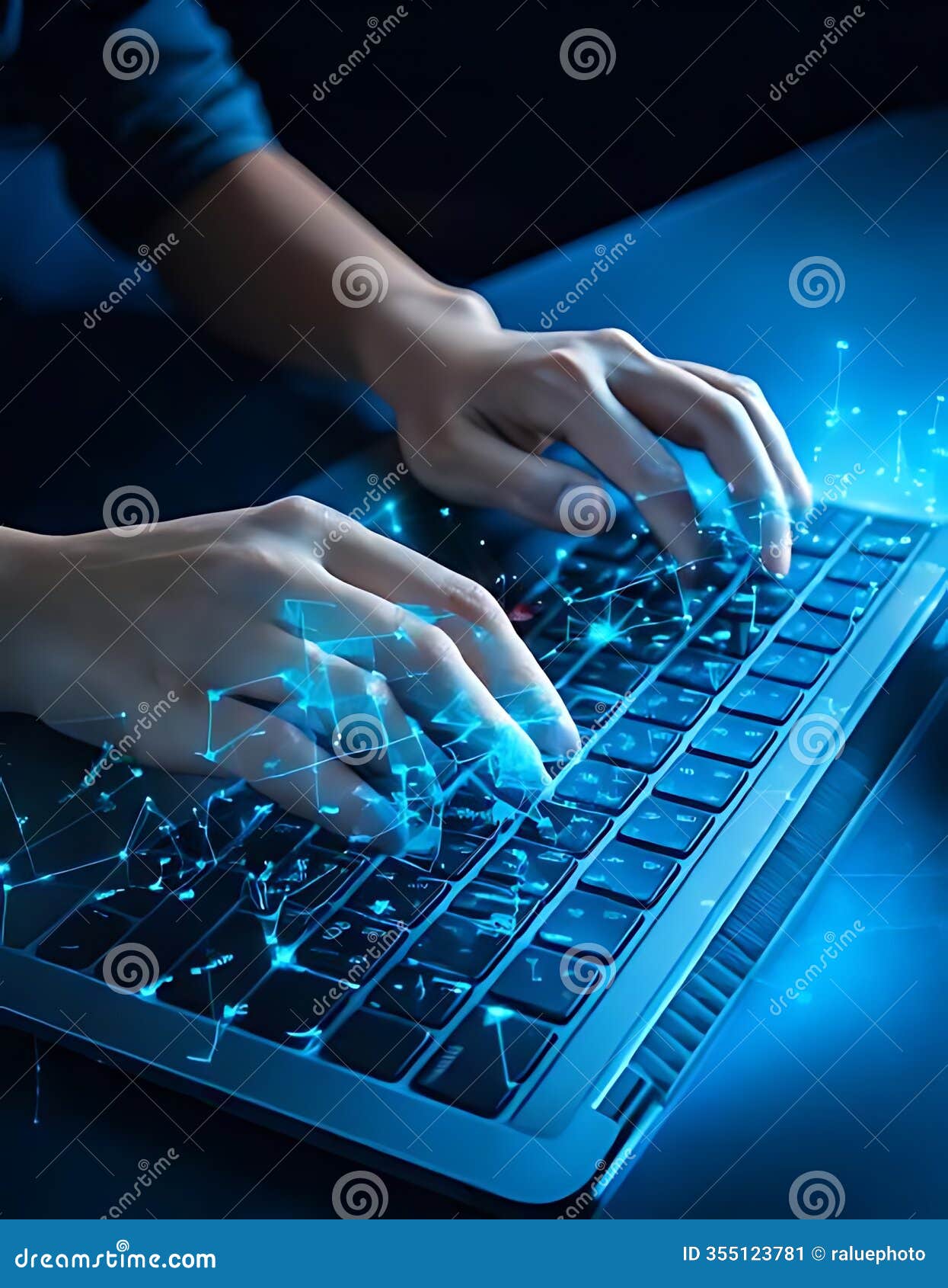 Hands Type on a Laptop Keyboard with Glowing Blue Digital Overlays ...