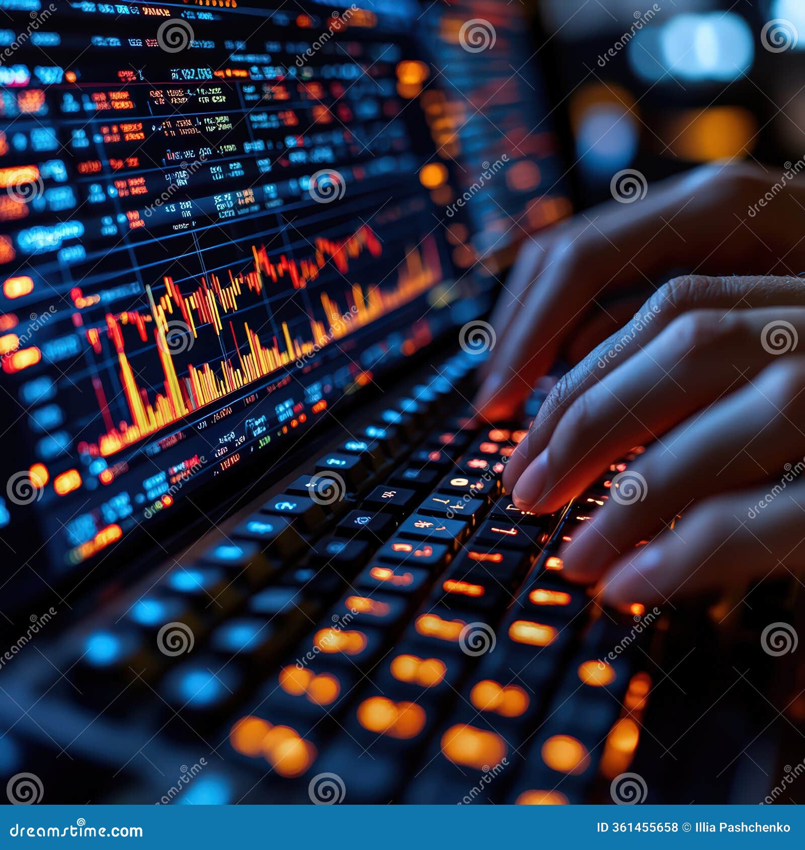 Close-up of Hands Typing on a Keyboard with Financial Graphs on the ...