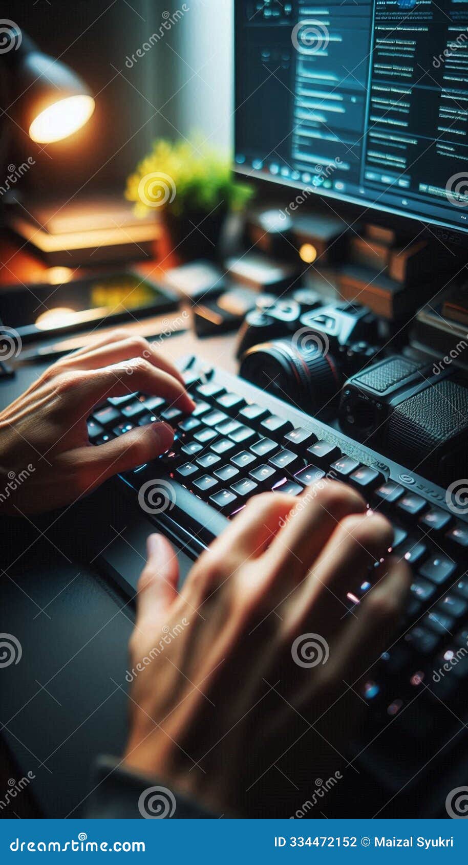 Hands Typing on a Backlit Keyboard with a Camera beside, in a Tech ...