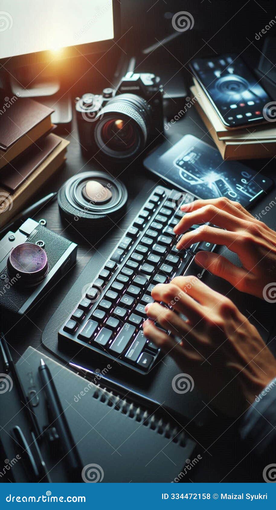 Hands Typing on a Backlit Keyboard with a Camera beside, in a Tech ...