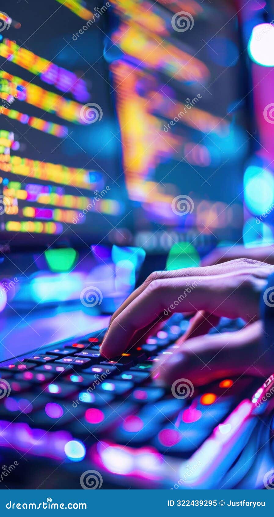 Hands Typing on Colorful Keyboard with Coding Screen. Generative Ai ...