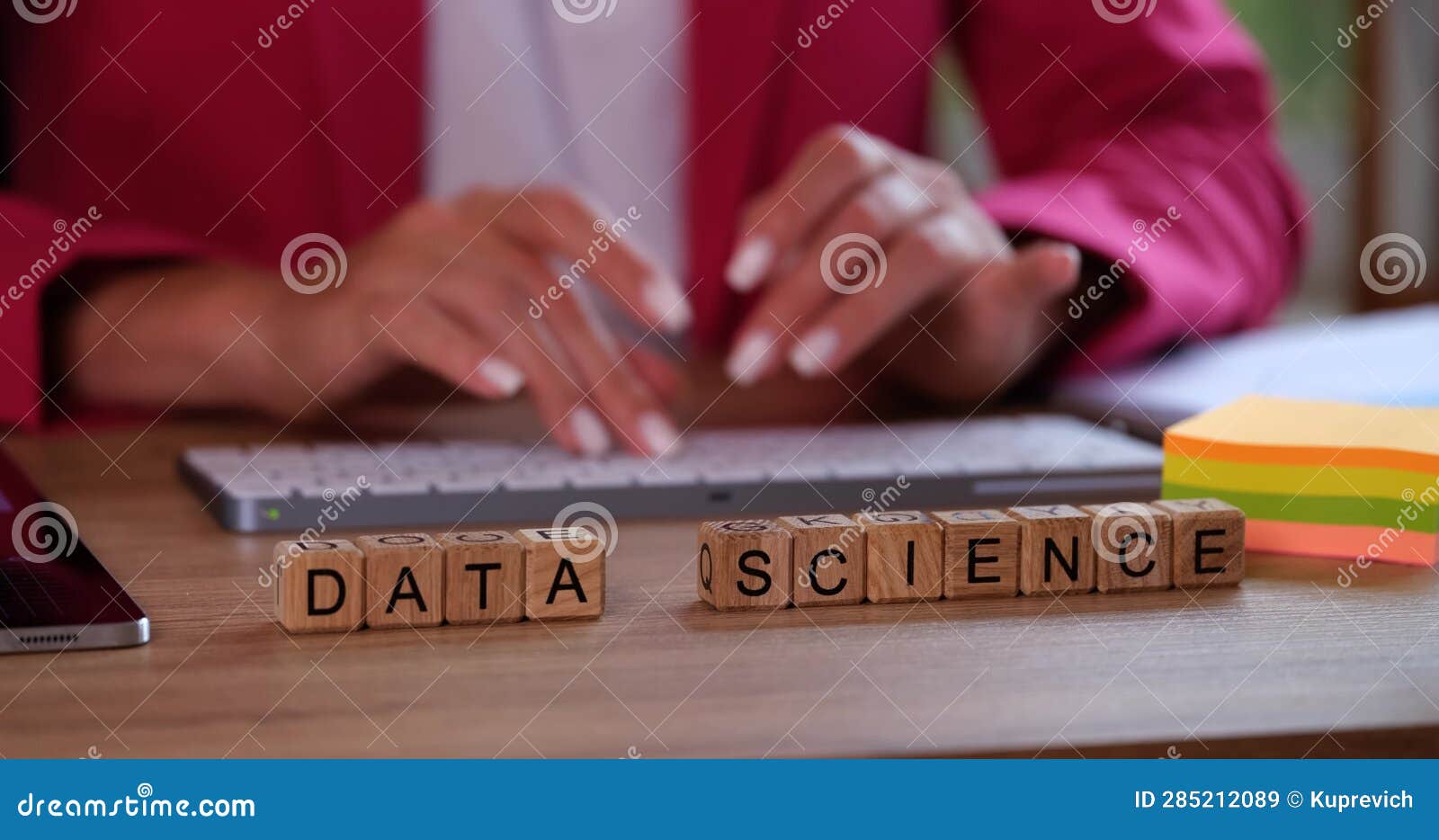 Hands Typing on Computer Keyboard and Data Science Text on Cubes Stock ...