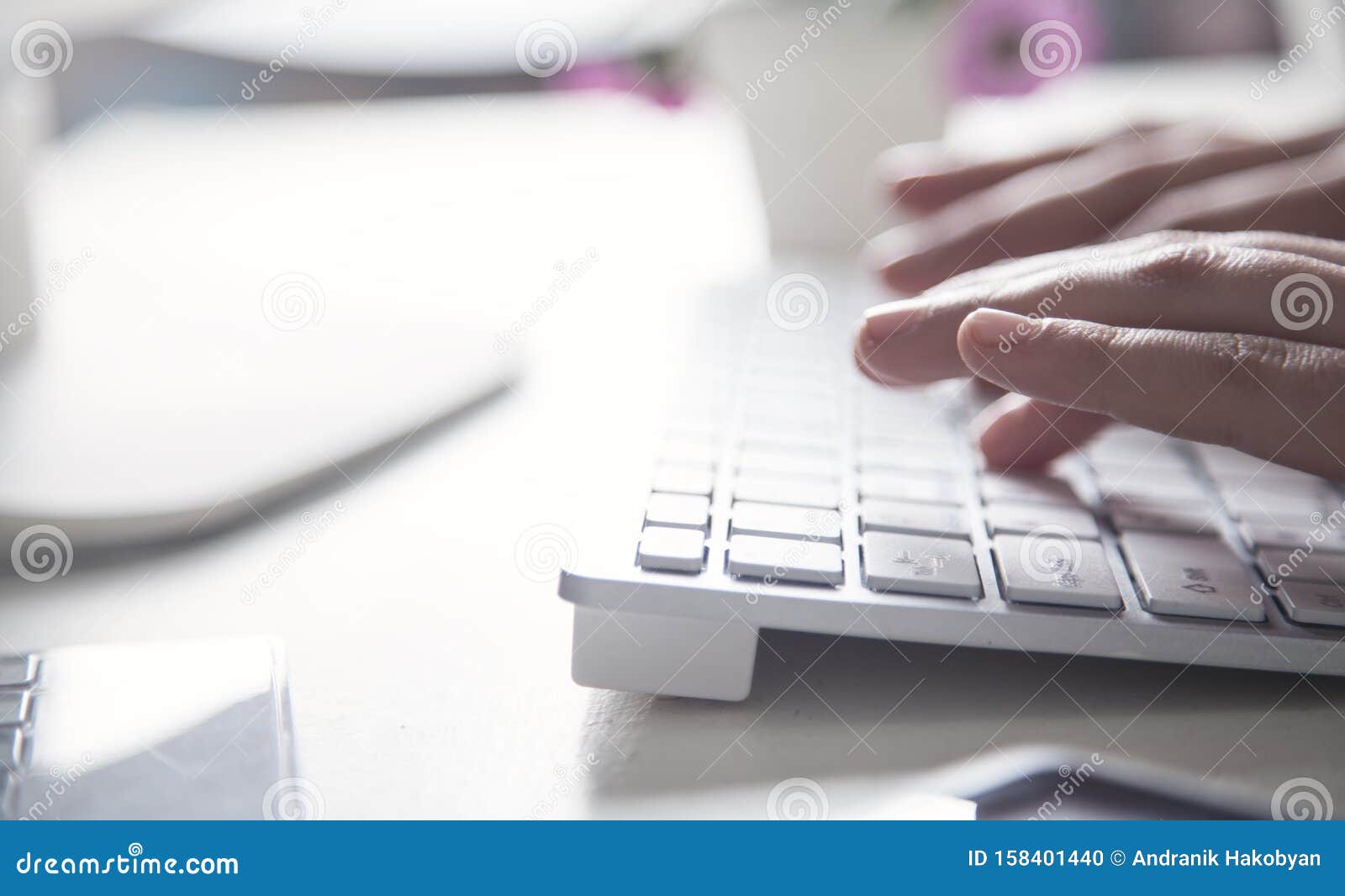 Hands Typing on Computer Keyboard in Office Desk Stock Photo - Image of ...