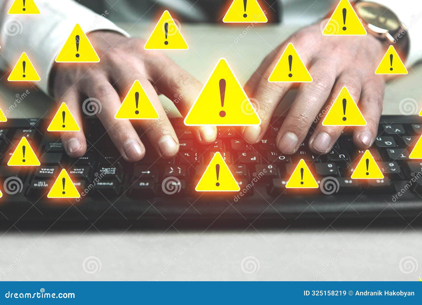 Hands Typing in Computer Keyboard. Warning. Digital Technology System ...