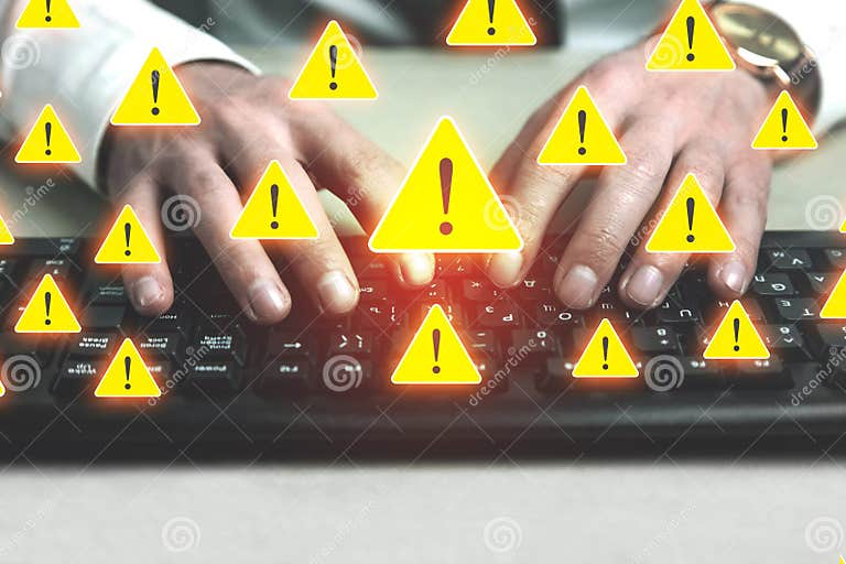 Hands Typing in Computer Keyboard. Warning. Digital Technology System ...