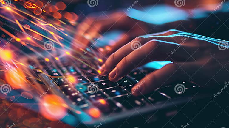 Hands Typing on a Glowing Keyboard Stock Image - Image of blue ...