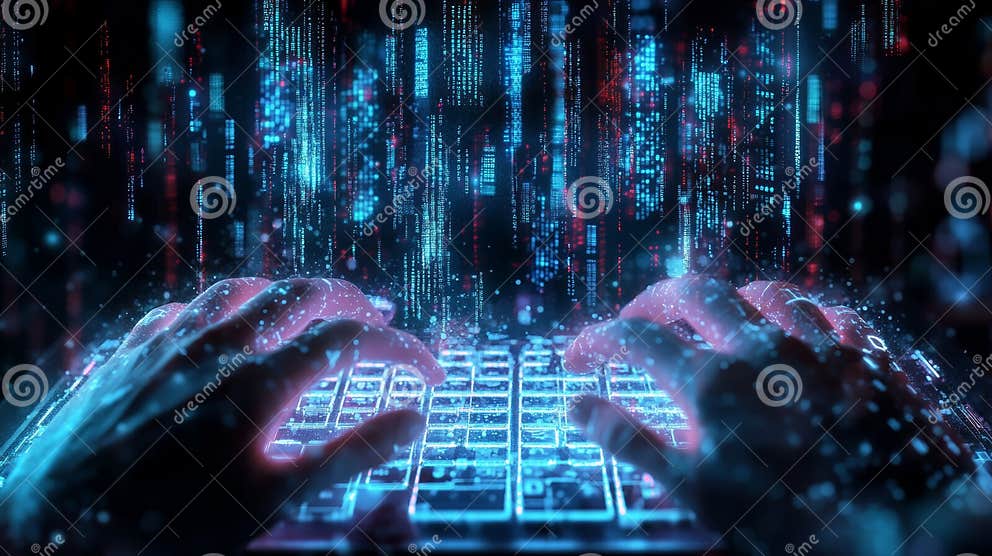 Hands Typing on a Glowing Laptop Keyboard with Streams of Binary Code in the Background ...