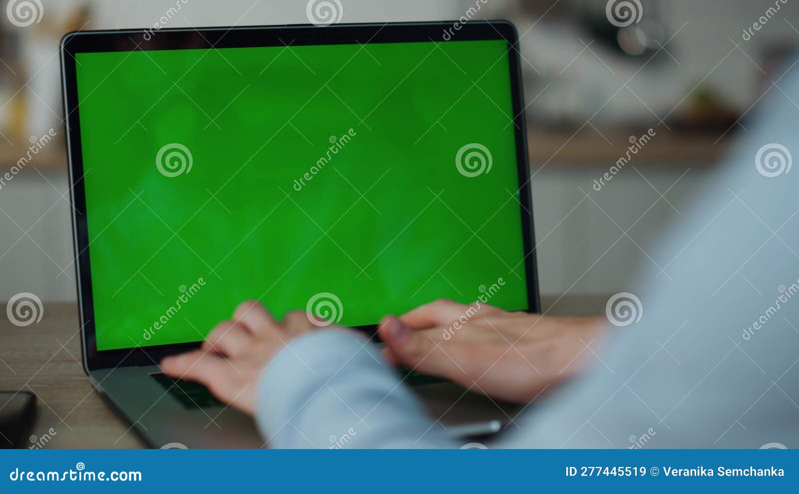 Hands Typing Greenscreen Laptop at Home Close Up. Freelancer Working on ...