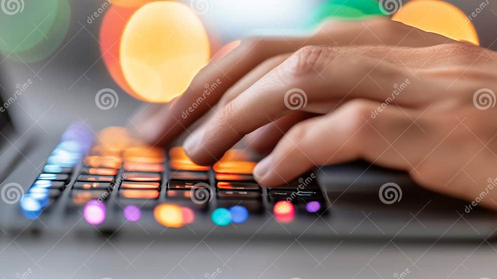 Hands Typing on a Keyboard with Colorful Backlit Keys, Symbolizing ...